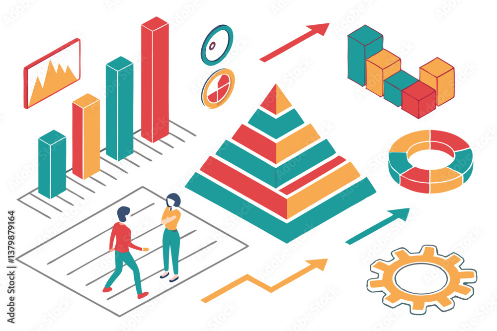 30 Isometric infographic elements, colorful 3D charts, data visualization, bar graphs, line ...