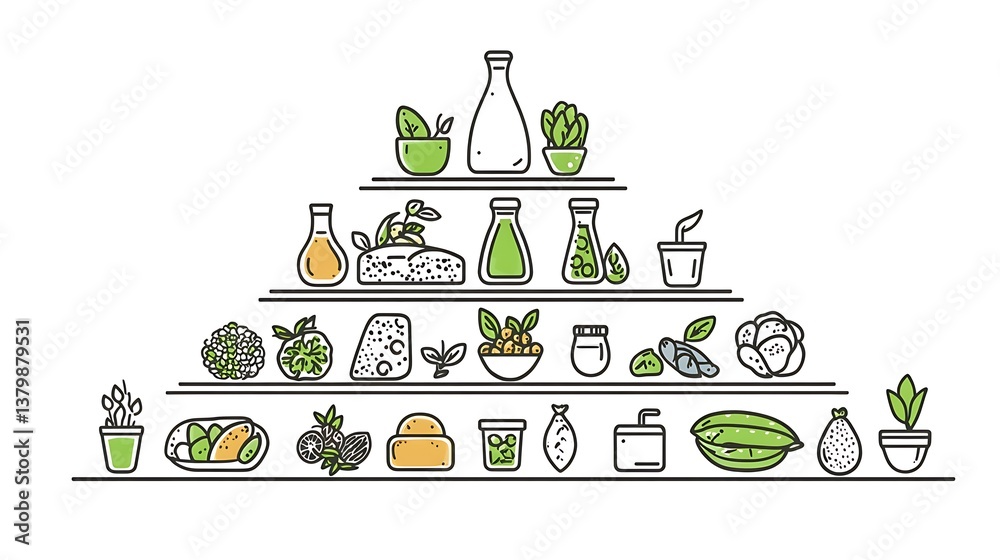 Minimalist plant-based food pyramid, black and white line drawing with ...