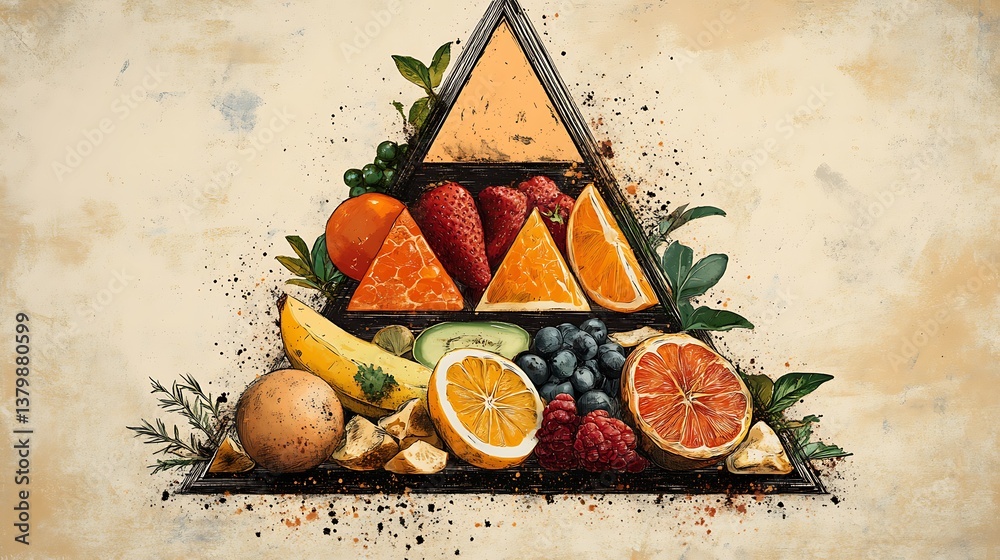 Ilustración de Stock Retro 1970s food pyramid poster, warm orange and ...