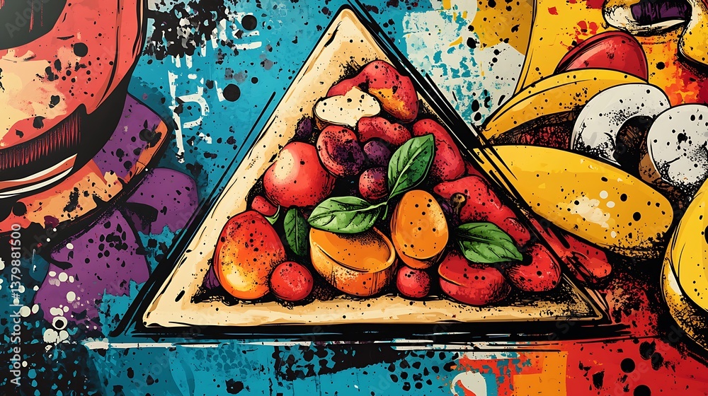 Stylized food pyramid poster for teenagers, comic book theme with ...