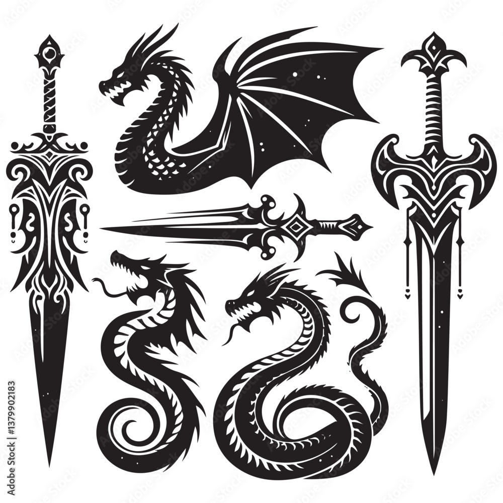 Fantasy sword tattoo set vector, vector linocut magic blade, dragon ...