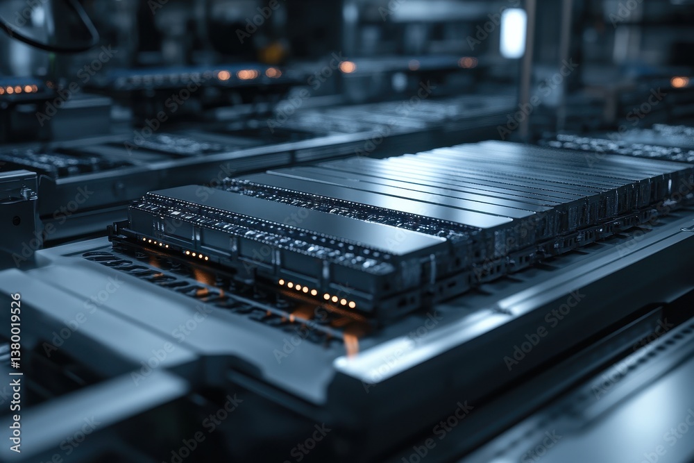 Industrial robotic arm assembling lithium-ion battery modules. Shows ...