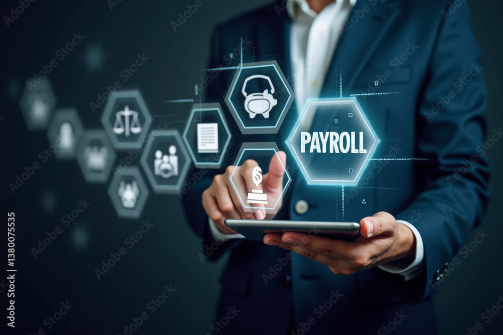 Payroll Management and Financial Processing System. Businessman works ...