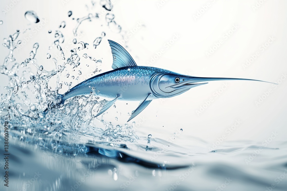 Swordfish leaps from the ocean into a splash of water, showcasing its ...
