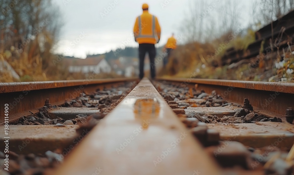train track perspective with two workers on it. a scene that reflects ...