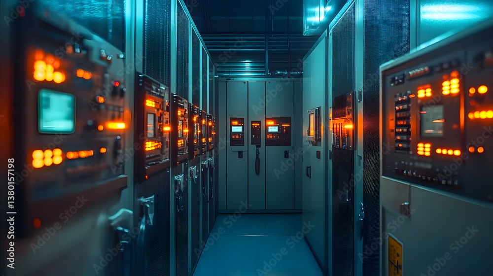 Electrical control panels powering industrial data center with blinking ...