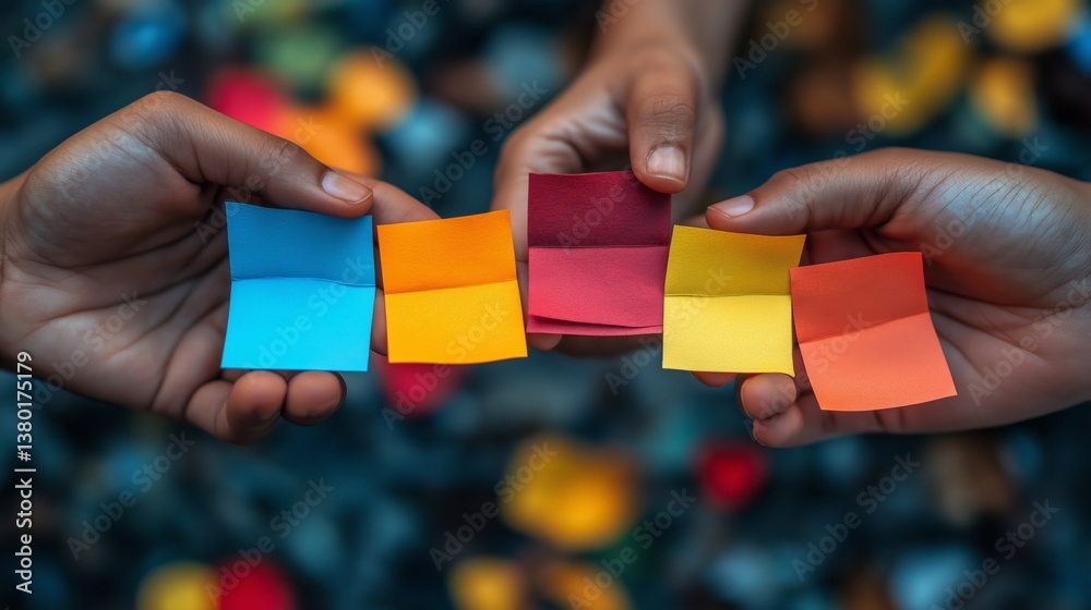 Multiracial team holding open colorful sticky notes in hands for ...