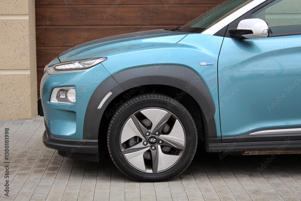 Vinnytsia, Ukraine; April 1, 2025. Blue Hyundai Kona front side of the ...