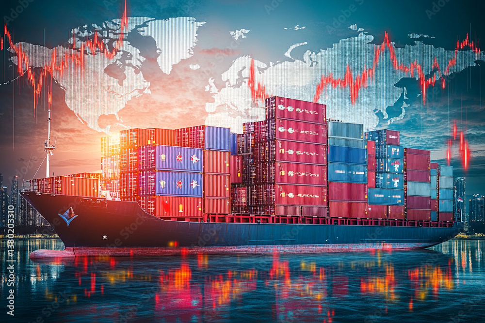 Shipping container hanging, world map, trade map, trade war, graph ...