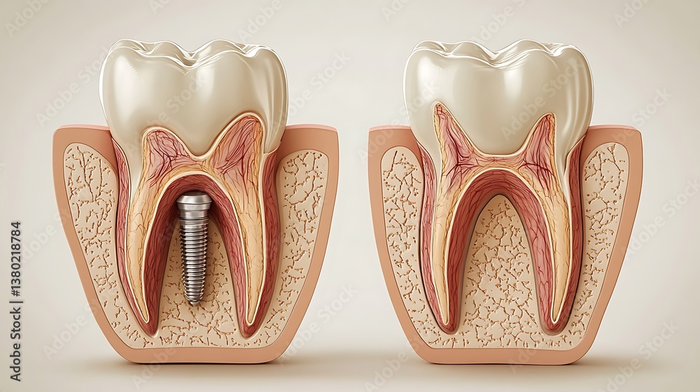 Exploded anatomical diagram showing natural tooth structure and implant ...