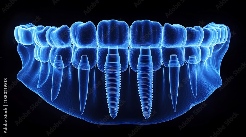 Full dental arch x-ray effect showing multiple implants embedded in ...