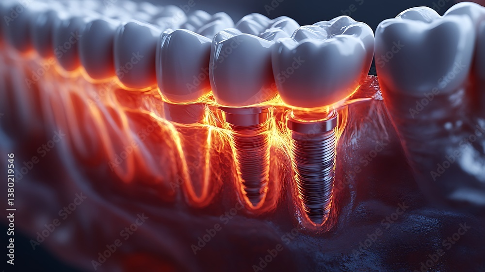 Full-width cross-section of jaw showing progressive dental implant ...