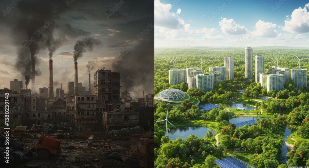 Polluted vs. Clean City: A Side-by-Side Environmental Comparison Stock ...