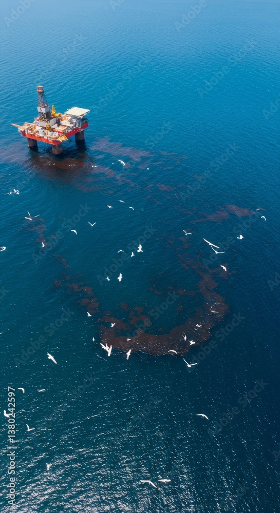 Offshore oil rig spill disaster in deep blue ocean. Environmental ...