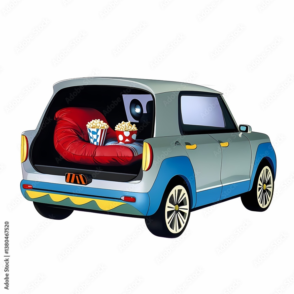 Ilustración de Stock Blue compact car with open trunk turned into cozy ...