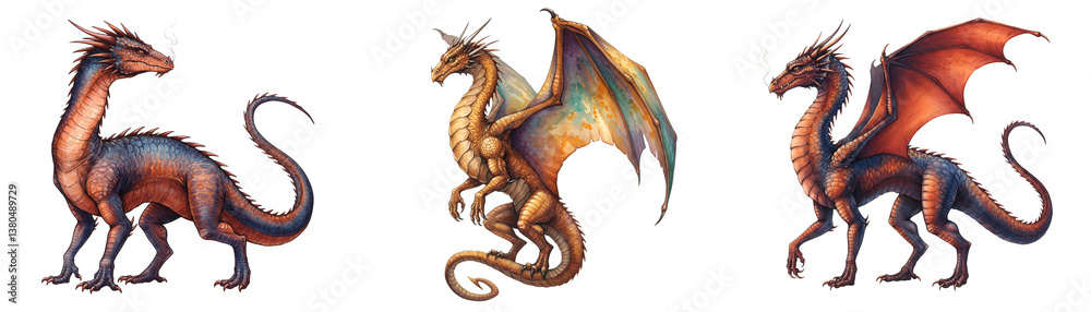 Watercolor three different colored mythical creatures standing side by ...