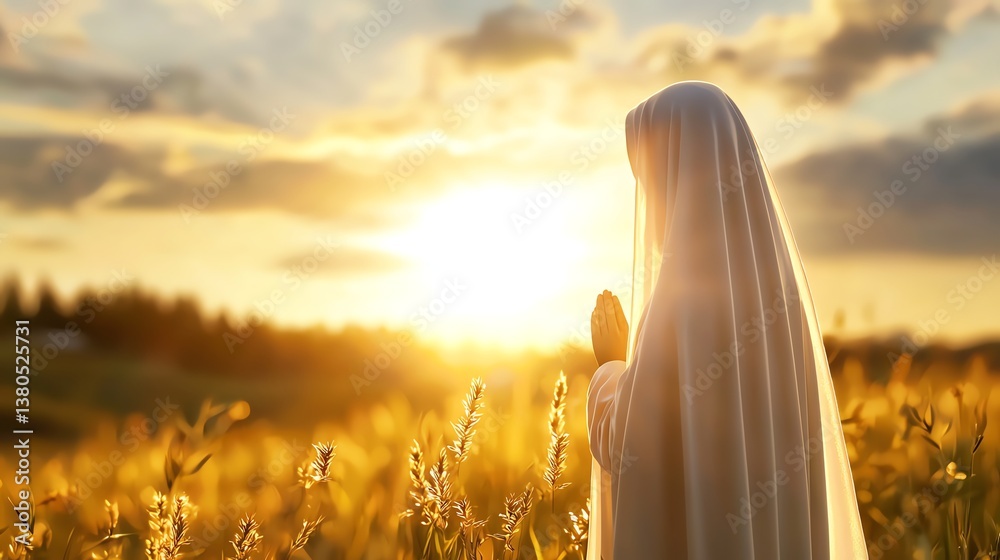 Virgin Mary appearing in a vision to children in a countryside field ...