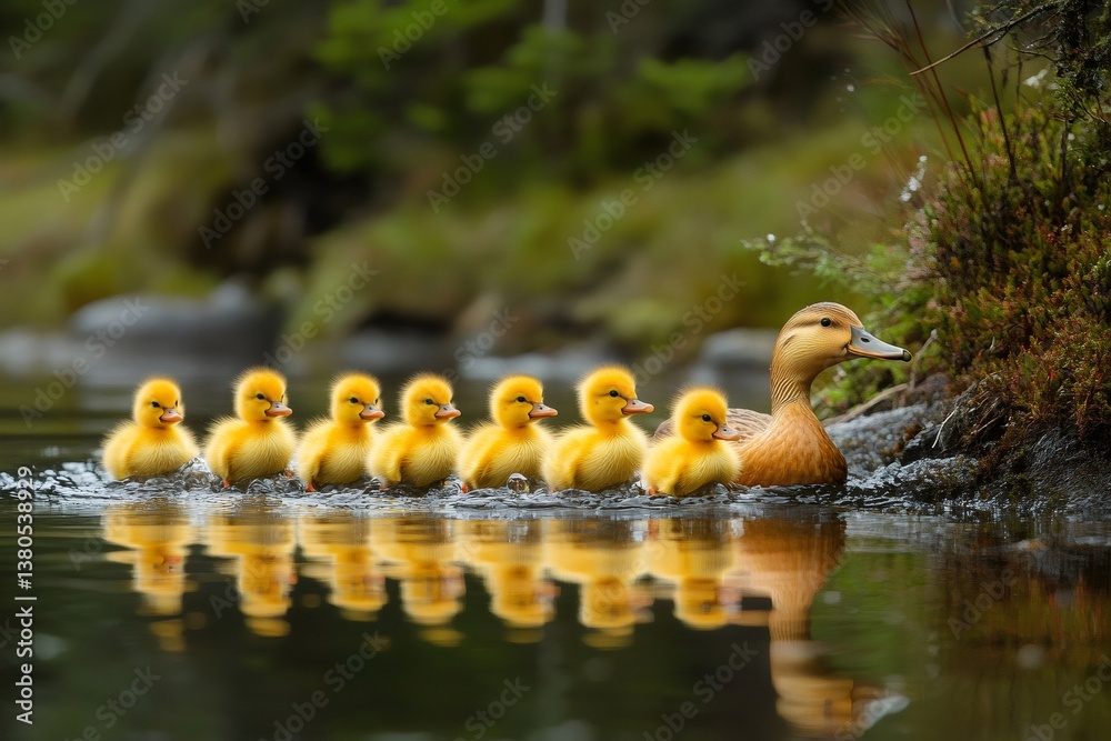 Stock-Foto „Mother duck guiding her ducklings across the water, a ...