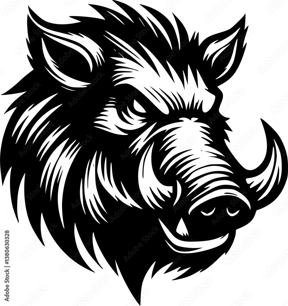 Black tribal art drawing of a wild warthog head symbol, a vector ...
