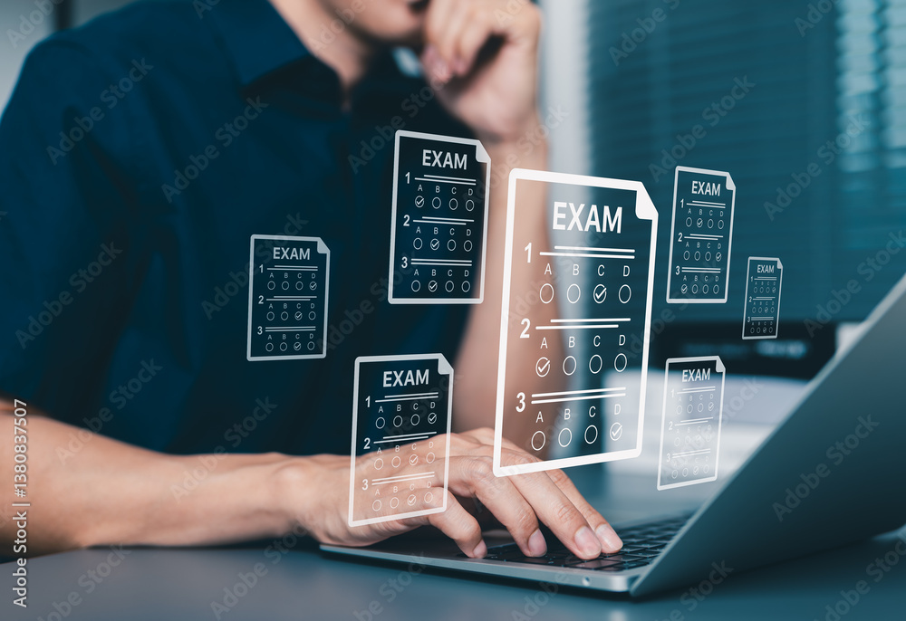 Online Exam and Digital Assessment Concept. A person types on a laptop ...