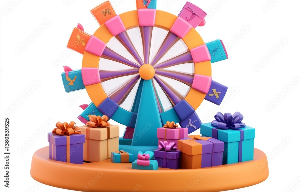 Colorful prize wheel with gifts. A 3D model of a spinning prize wheel ...