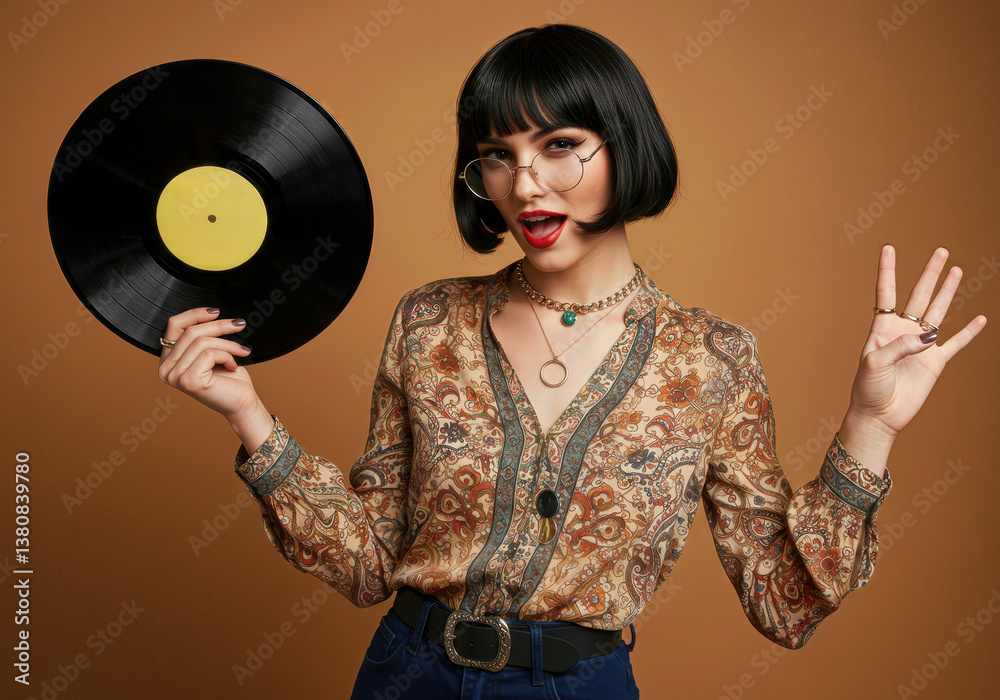 Groovy Vibes: A Portrait of a Retro Woman with Vinyl Record - A ...
