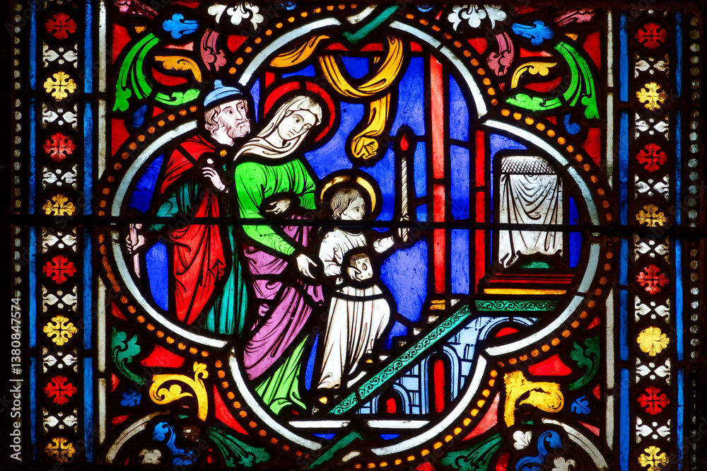 Stained glass (Nineteenth century) of The childhood of Jesus: Presentation of Jesus at the ...