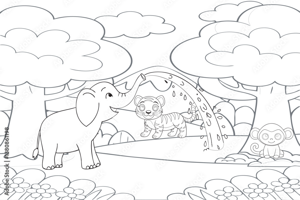 Gentle and friendly elephant water splash fun with jungle friends ...