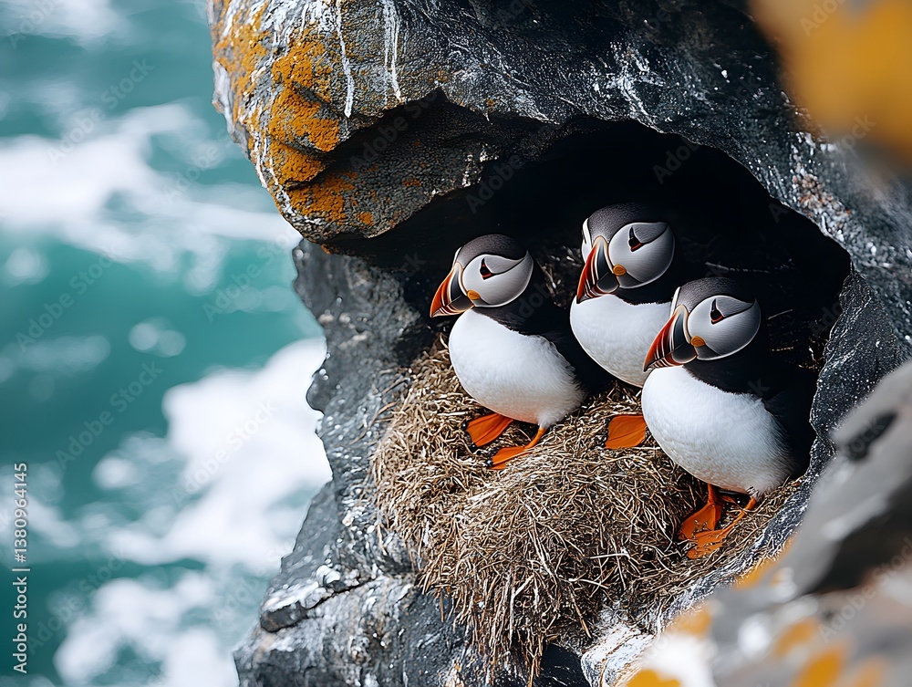 Coastal Puffin Family: A charming group of puffins nestles snugly ...