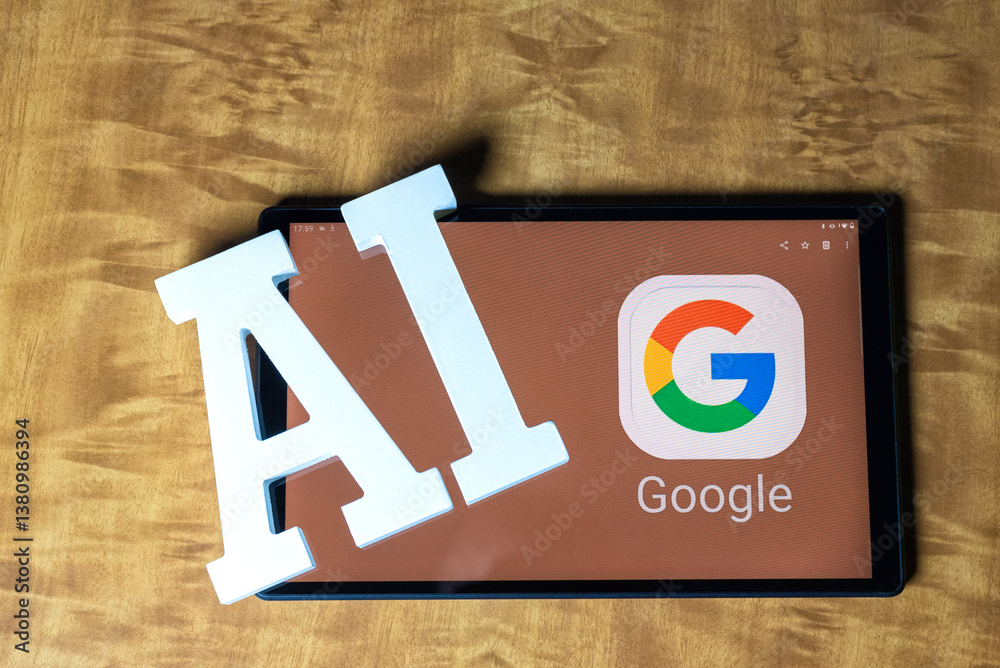 Primer plano de las letras "AI" en blanco, sobre una tableta que ...