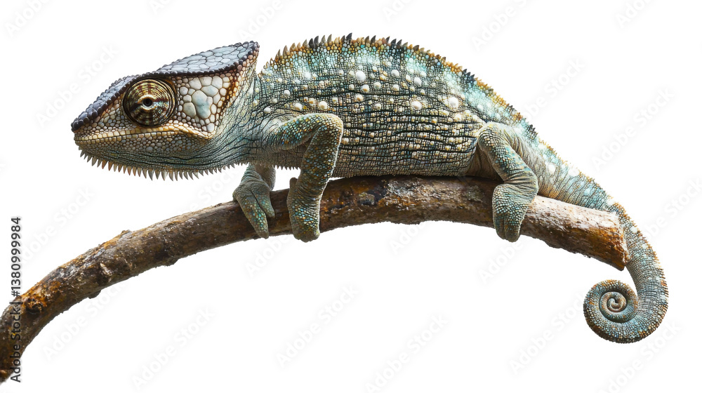 Side profile of a chameleon clinging to a branch- showcasing its ...