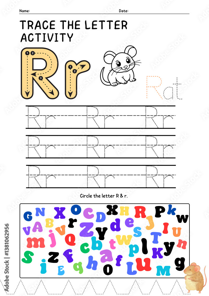 R uppercase-lowercase Alphabet tracing activity for kids Stock ...