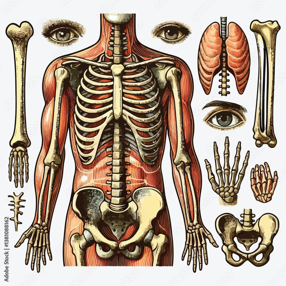 Rib cage, Arm and eye and spine, Anatomy of human bones set. Body and ...