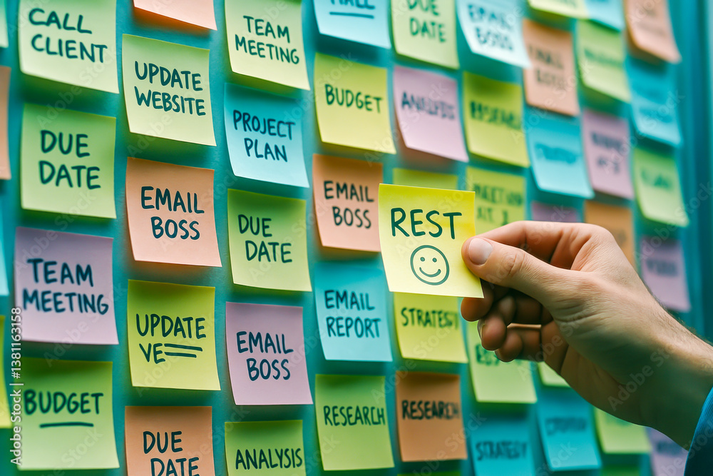 Colorful Sticky Notes Wall With Overloaded Tasks And One “Rest ...