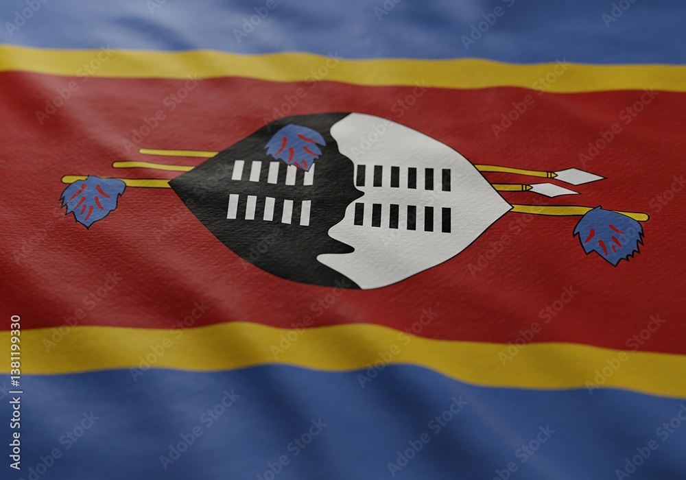 Eswatini Flag Closeup National Symbol with Shield, Spears, and Vibrant ...
