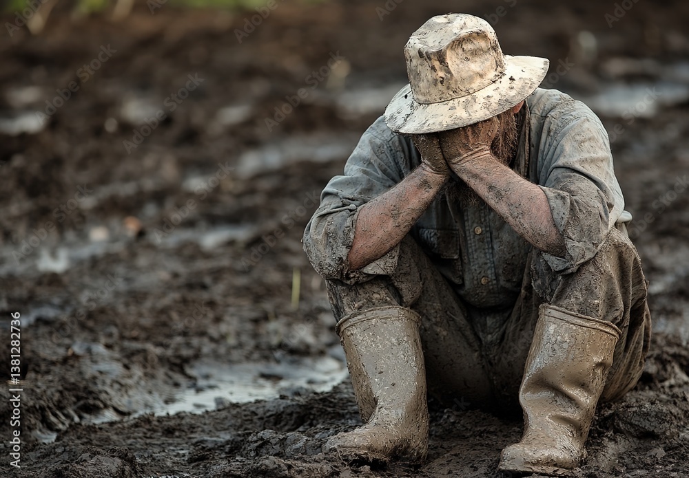 Exhausted worker sitting in mud, wearing dirty work boots and uniform ...