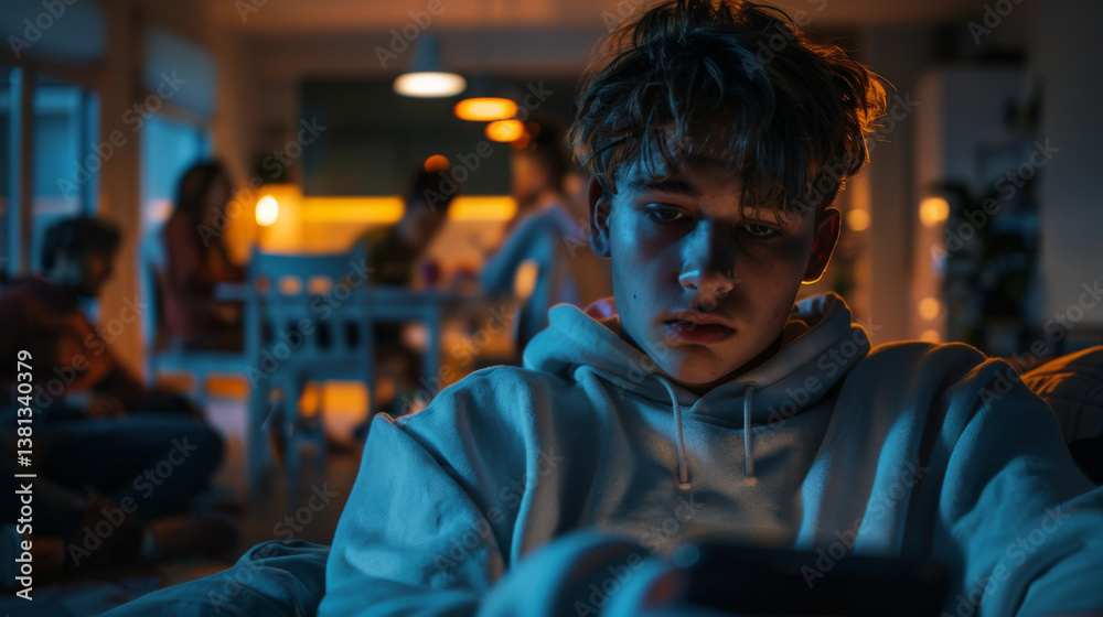 Sad multiracial teenage boy scrolling his phone, Behind him, happy ...