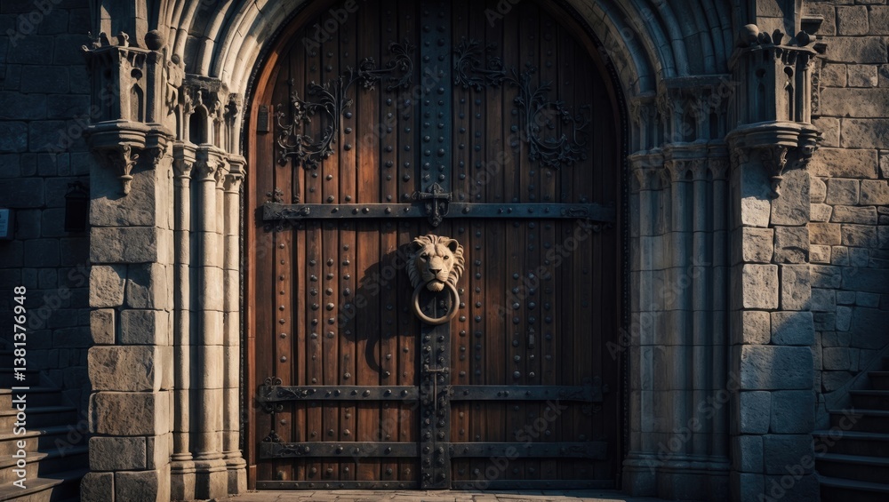 Reinforced medieval entrance featuring wooden and iron doors of a stone ...