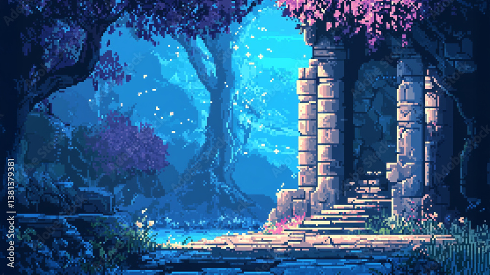 Pixel art game background or cartoon in pixel art style with trees ...