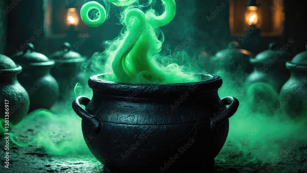 Magic cauldron with a mysterious potion and green smoke light emitting ...