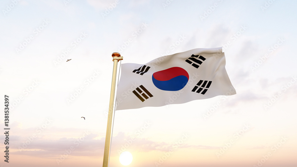 Flag of South Korea waving in the wind, sky and sun background. South ...