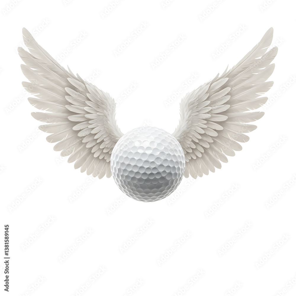 A golf ball is depicted with a pair of outstretched angel wings on a ...