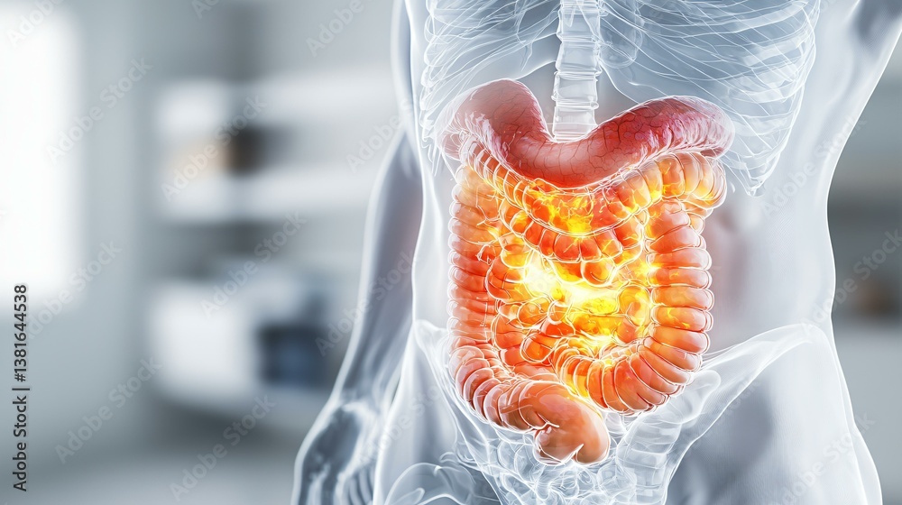 Cross-section of the digestive system, showing food digestion process ...