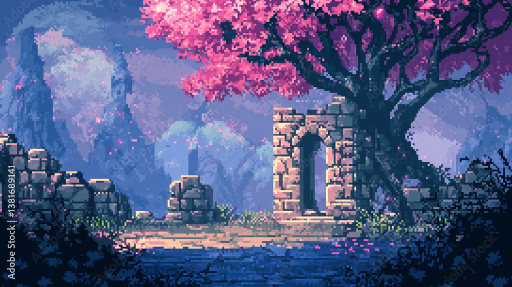 Pixel art game background or cartoon in pixel art style with trees ...