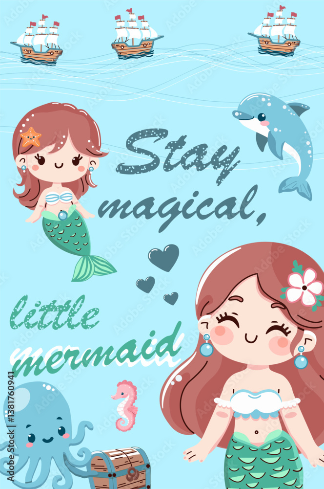 Vector greeting card or poster with mermaids octopus dolphin ships with ...