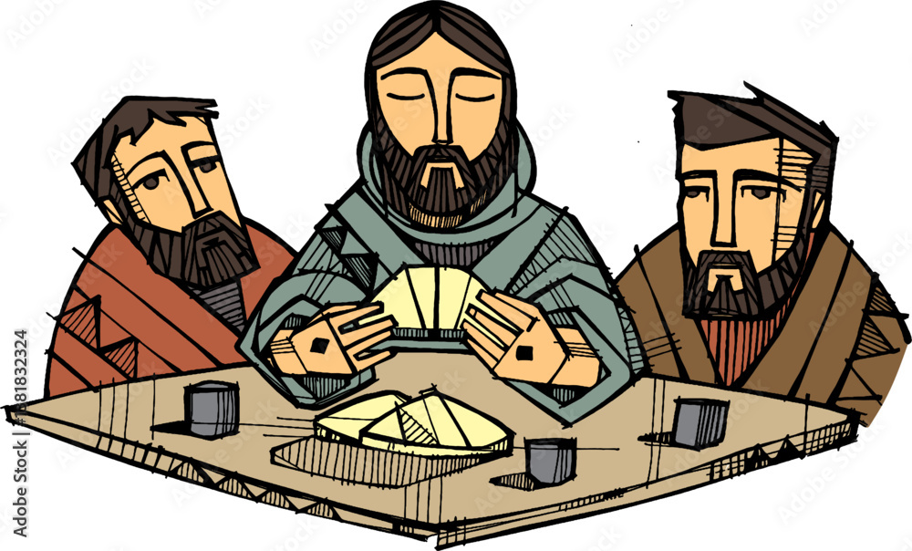 Vector illustration of Jesus Christ and disciples at Emmaus. Jesus ...