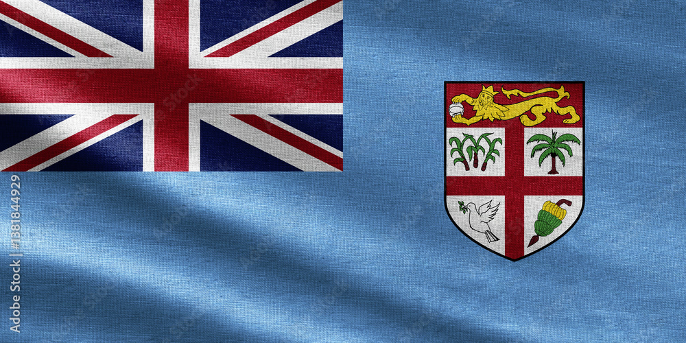 Fiji flag waving in the wind with realistic fabric texture, light blue ...