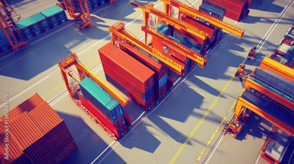 Shipping container yard with cranes loading cargo flat design top view global trade theme 3D ...