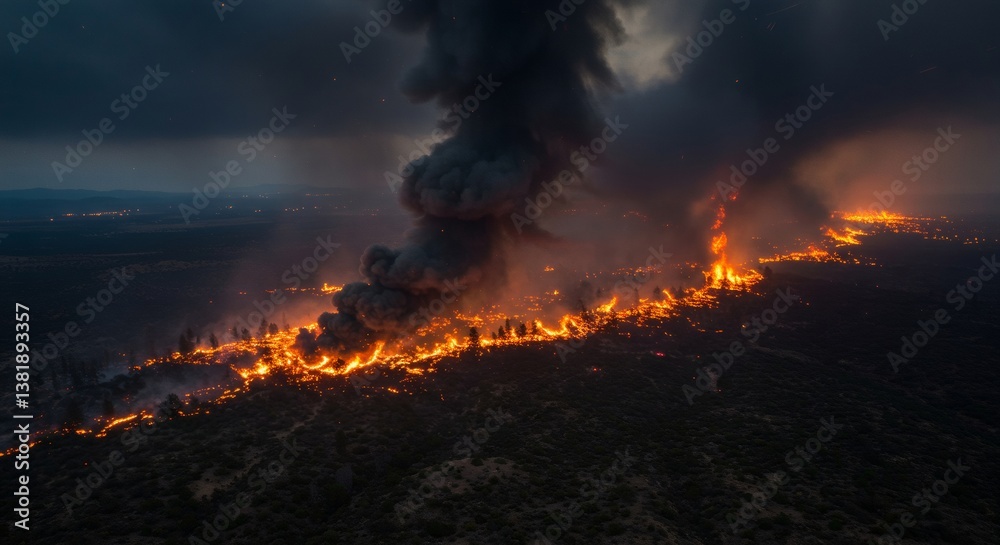 Amazon rainforest on fire at night. Devastating wildfire in tropical ...
