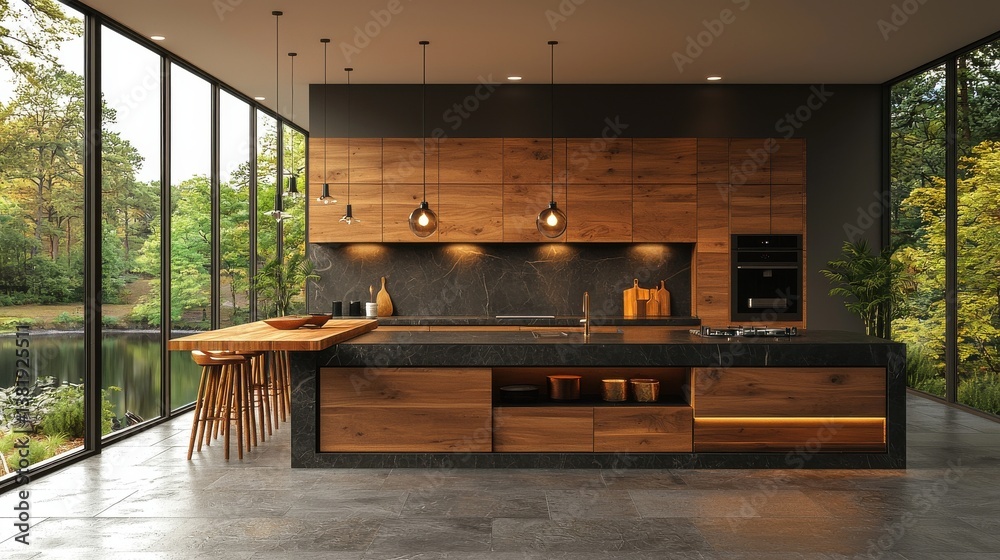 Luxurious modern kitchen with panoramic nature views through large ...